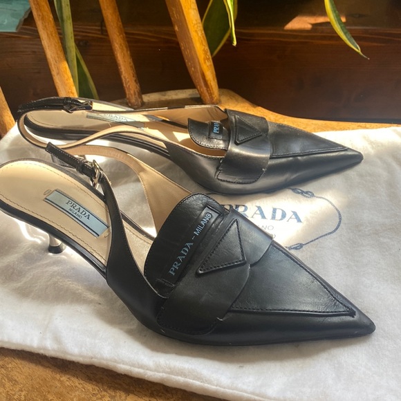 Prada | Shoes | Prada Kitten Heel Leather Slingbacks Sz 37 | Poshmark